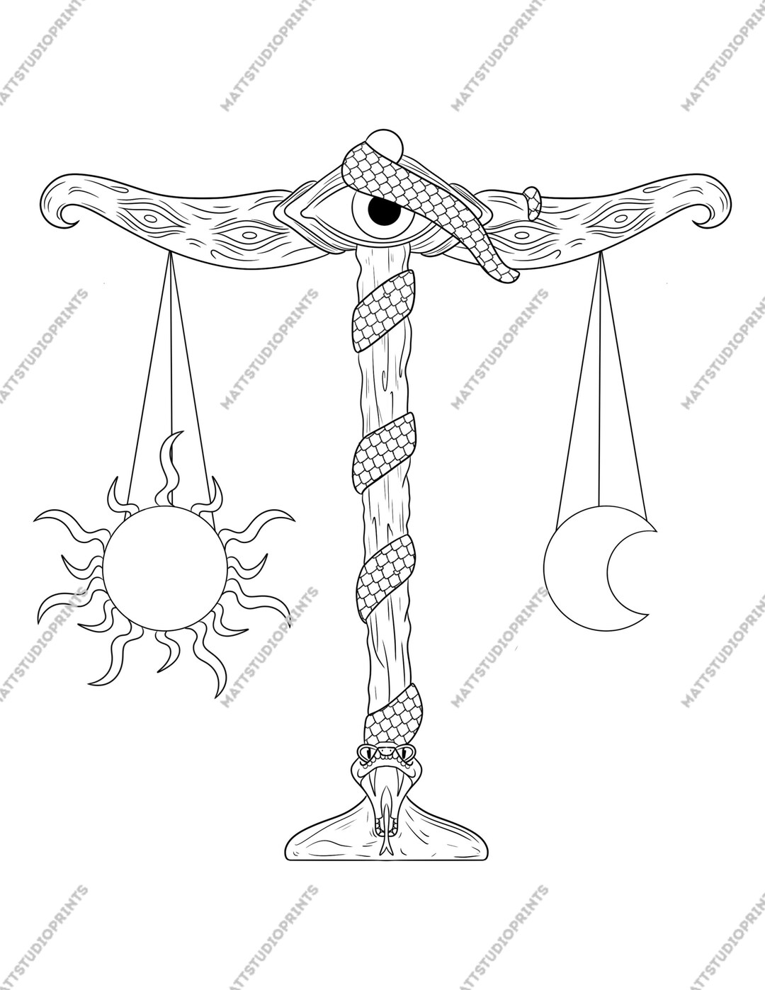 Libra Zodiac Scale Coloring Page: Sun and Moon Balance With Serpent and ...