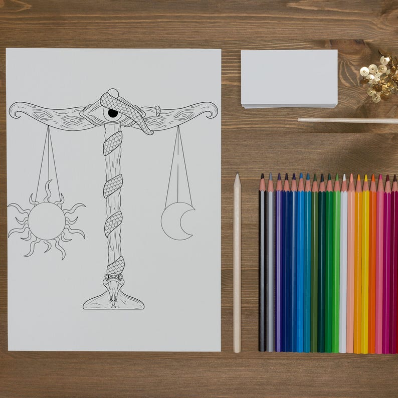 Libra Zodiac Scale Coloring Page: Sun and Moon Balance With Serpent and ...