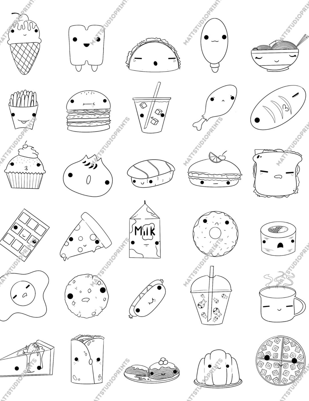 Kawaii Food Colouring Page Cute Printable PDF for Kids & Adults | Fun ...