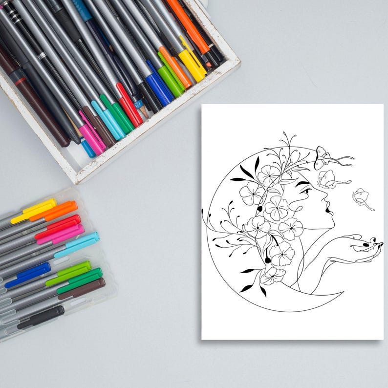 Moon Goddess Colouring Page: Floral Woman & Lunar Moth Printable Art ...