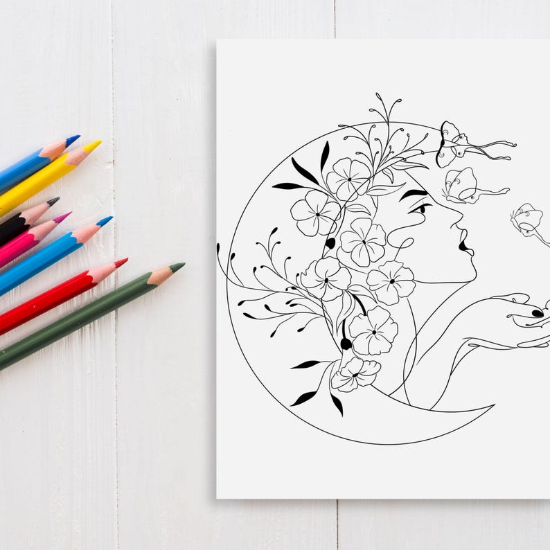 Moon Goddess Colouring Page: Floral Woman & Lunar Moth Printable Art ...