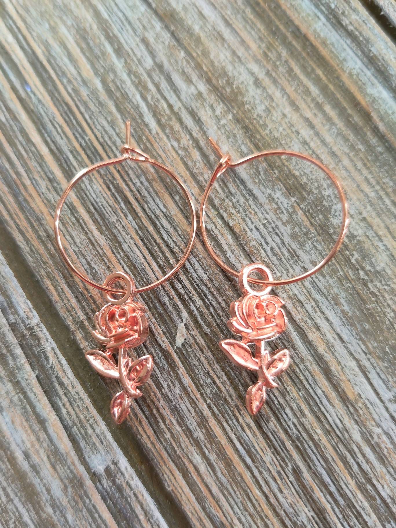 ROSE HOOPS- 20 Mm Rose Gold Hoops With Rose Gold Long Stemmed Rose ...