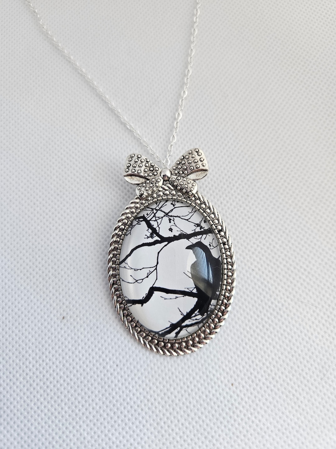Raven Silhouette-30x40mm Black and White Raven Glass Cabochon Necklace ...