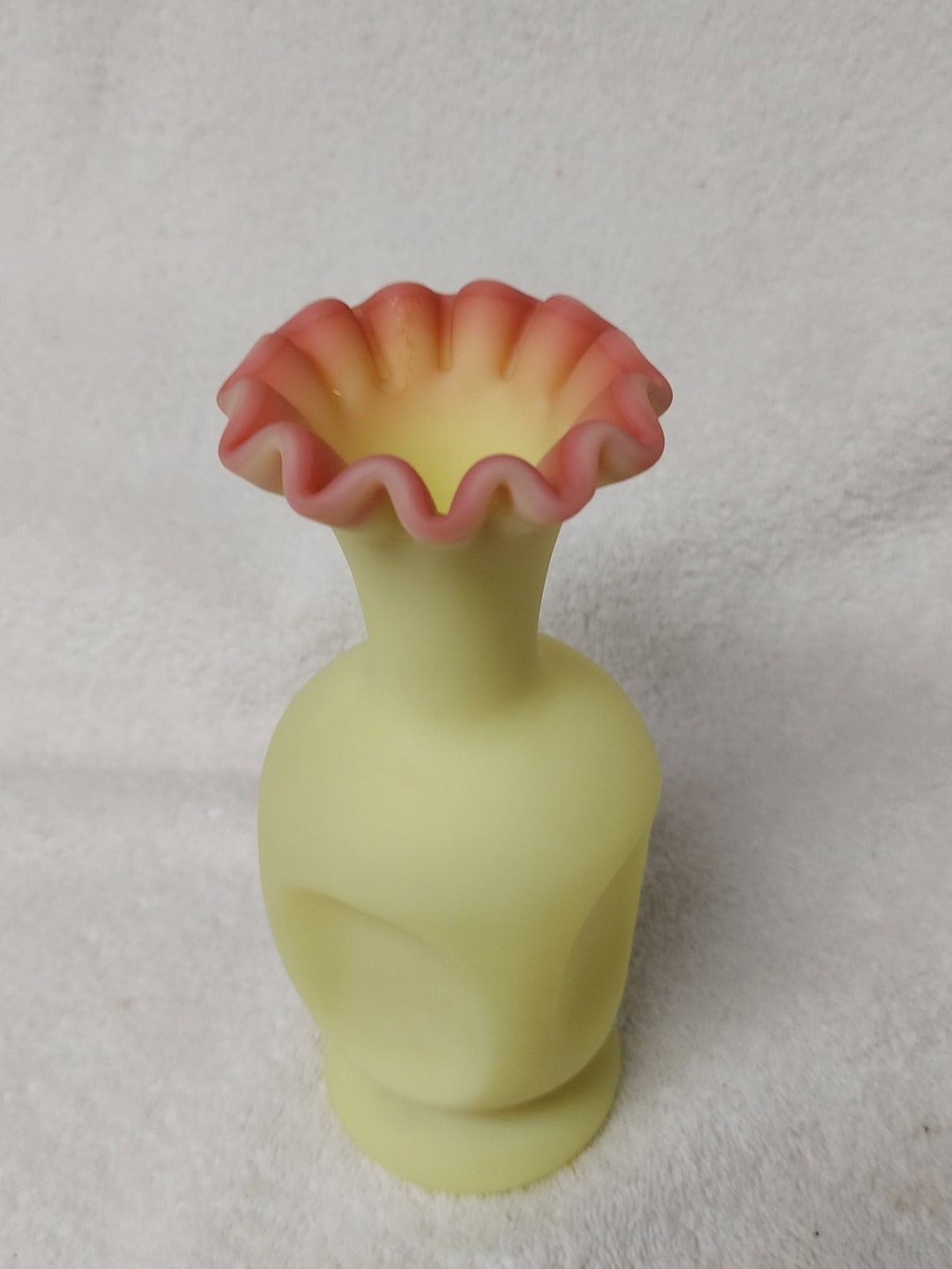 Fenton Art Glass Burmese Square Vaseline Vase Satin Finish Vintage Pre ...