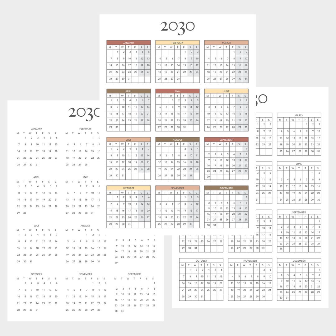 2030 Printable Yearly Calendar | Minimalist Year at a Glance | Digital ...