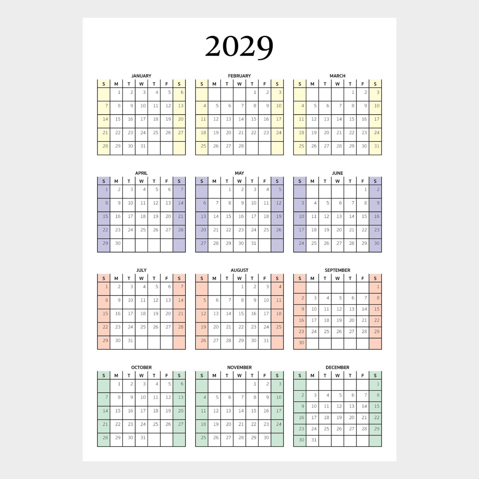 2029 Yearly Calendar, Minimalist Printable Planner PDF: A4, A5, Letter ...