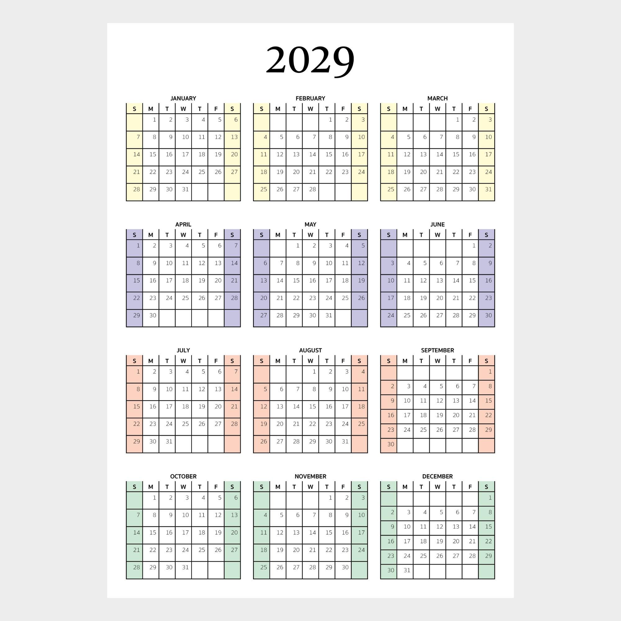 2029 Yearly Calendar, Minimalist Printable Planner PDF: A4, A5, Letter ...