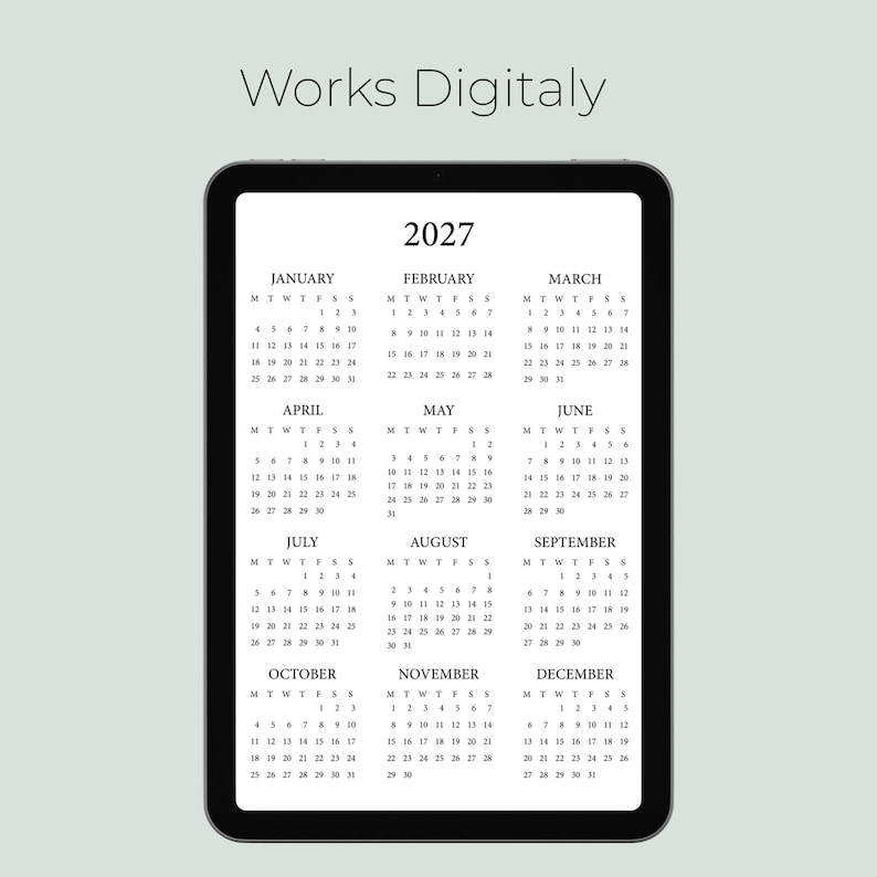 2027 Yearly Calendar | Minimalist One Page Layout | Digital Download ...