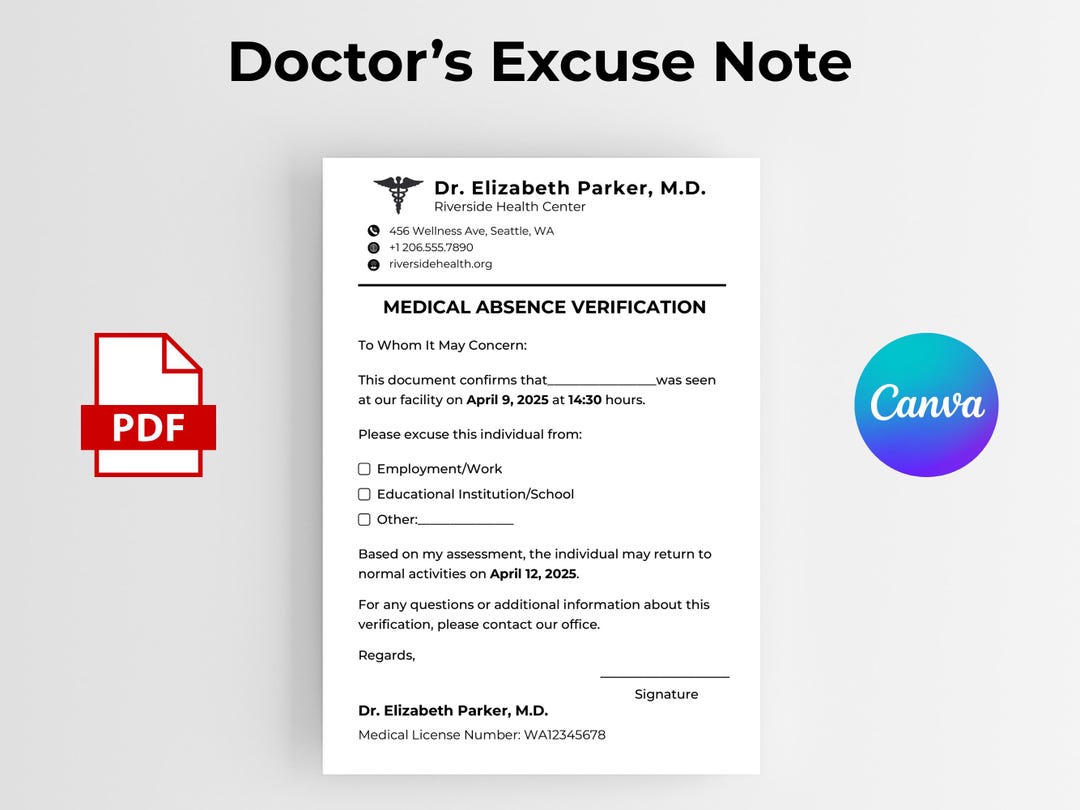 Editable Medical Absence Form, Printable Doctor's Excuse Note Template ...