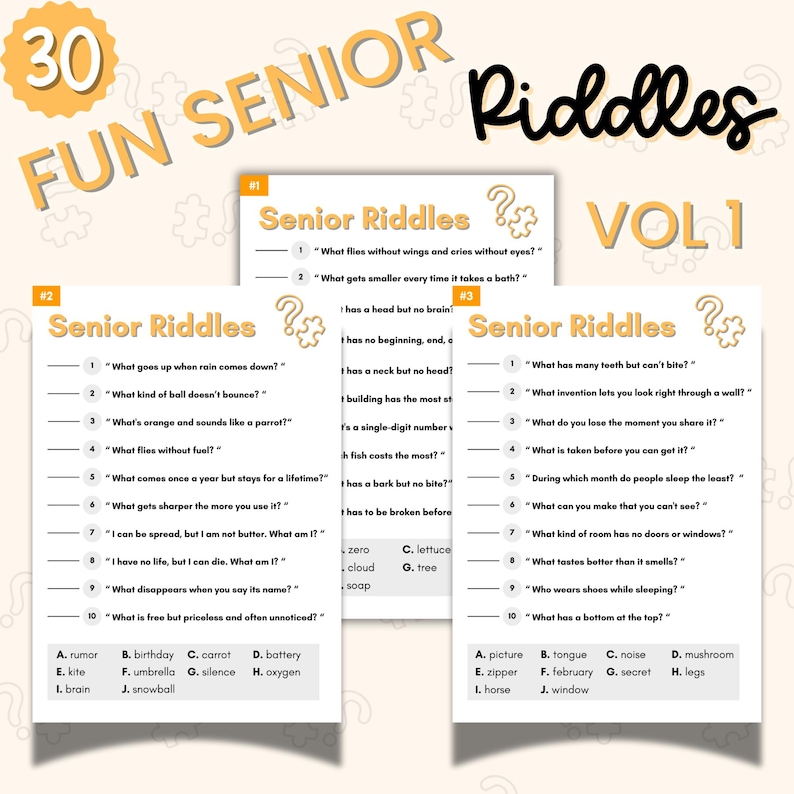 Senior Riddles Game: Brain Teaser Printable Sheets (instant Download ...