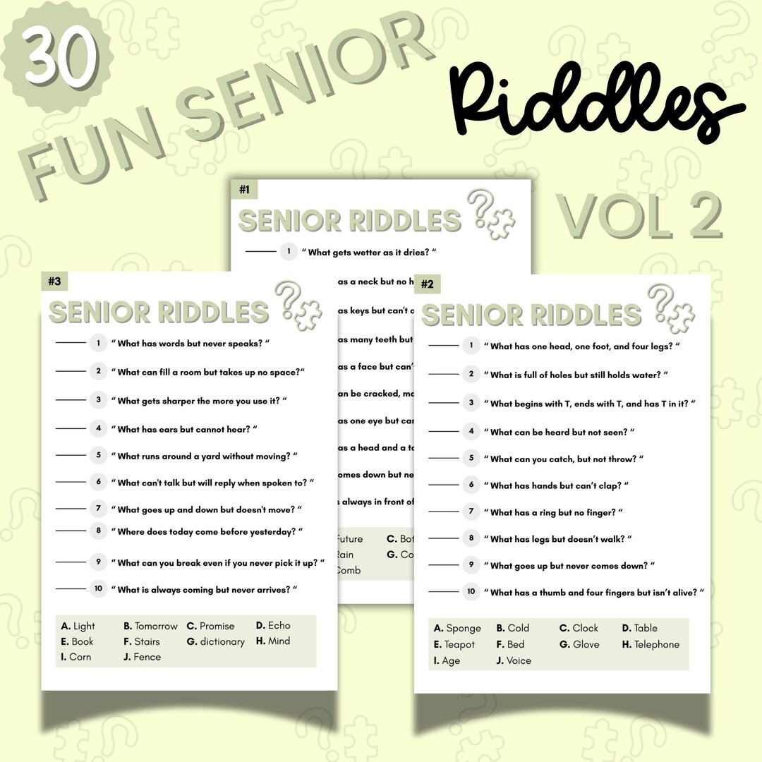 Senior Riddles Game: Brain Teaser Printable Sheets (instant Download ...