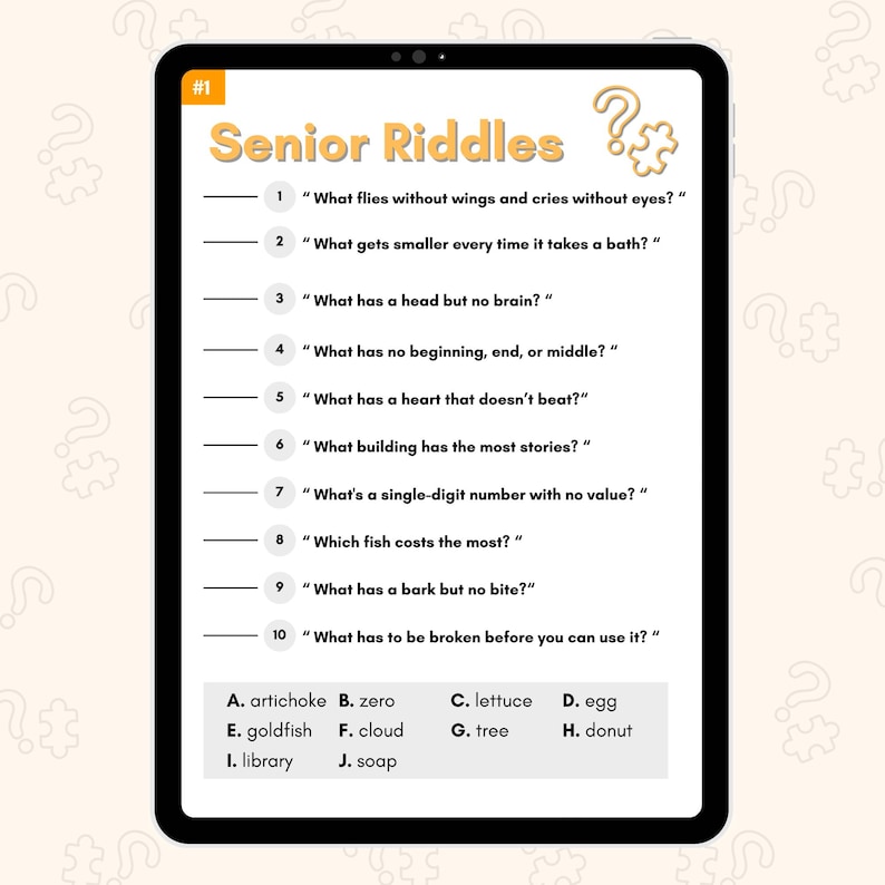 Senior Riddles Game: Brain Teaser Printable Sheets (instant Download ...