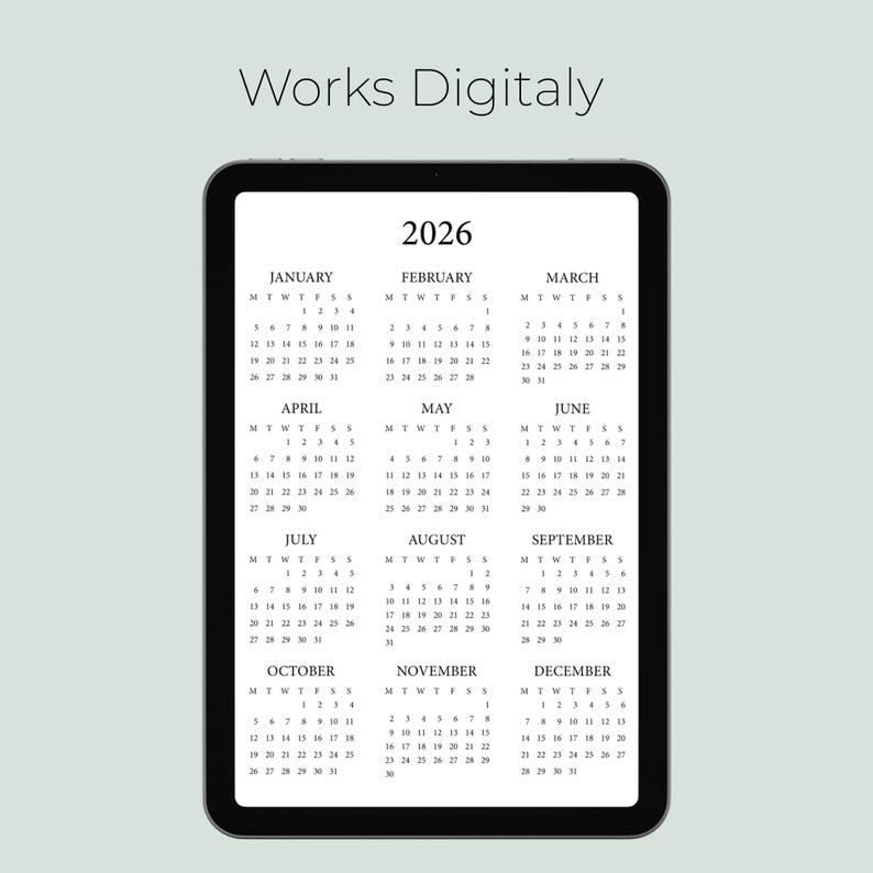 2026 Jahreskalender | Minimalistisches One Page Layout | Digitaler ...
