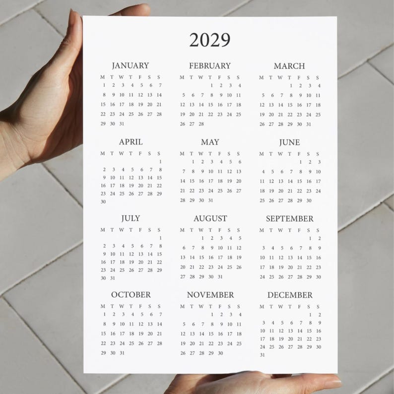 2029 Yearly Calendar | Minimalist One Page Layout | Digital Download ...