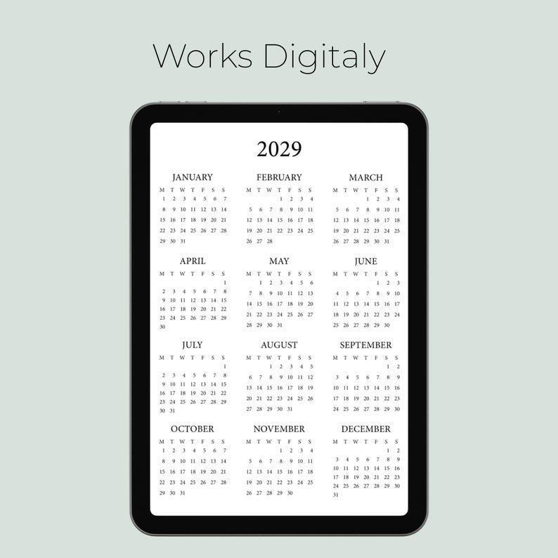 2029 Yearly Calendar | Minimalist One Page Layout | Digital Download ...