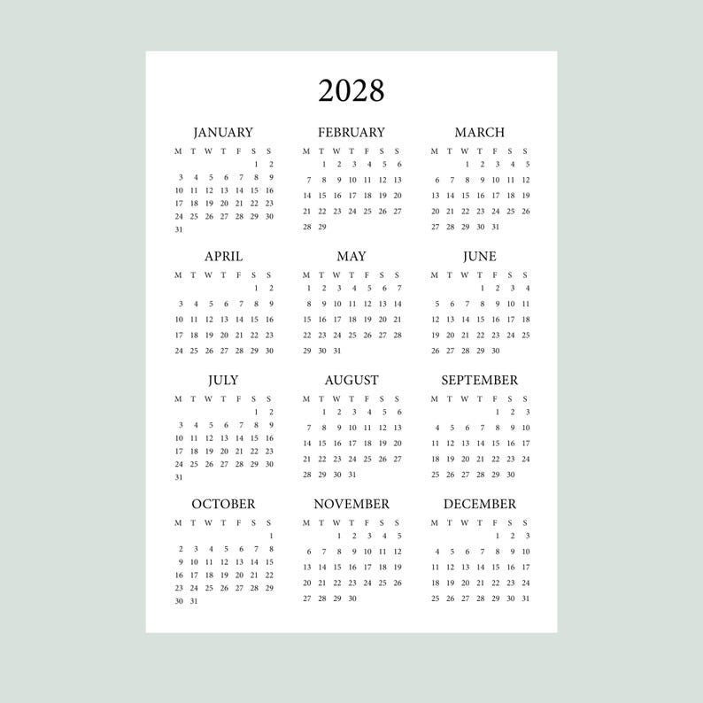 2028 Yearly Calendar | Minimalist One Page Layout | Digital Download ...