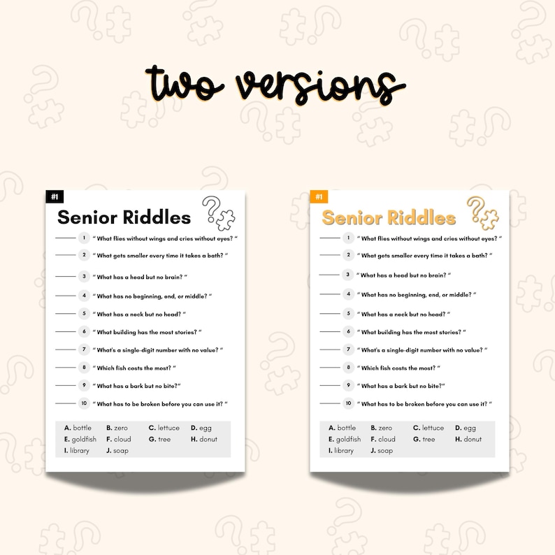 Senior Riddles Game: Brain Teaser Printable Sheets (instant Download ...