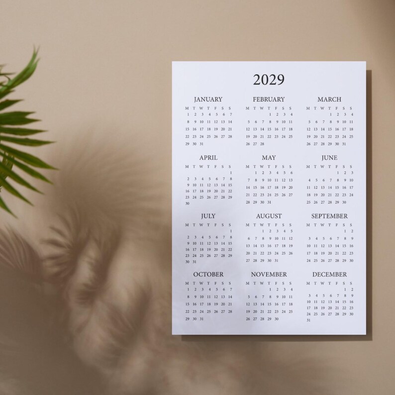 2029 Yearly Calendar | Minimalist One Page Layout | Digital Download ...