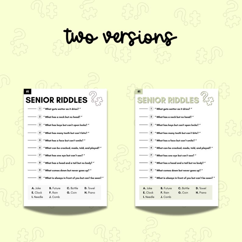 Senior Riddles Game: Brain Teaser Printable Sheets (instant Download ...