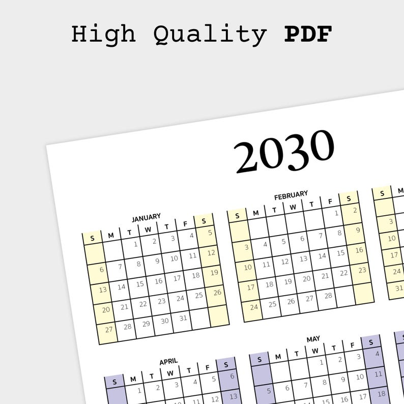 2030 Yearly Calendar, Minimalist Printable Planner PDF: A4, A5, Letter ...