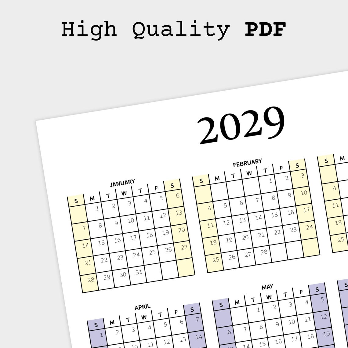 2029 Yearly Calendar, Minimalist Printable Planner PDF: A4, A5, Letter ...