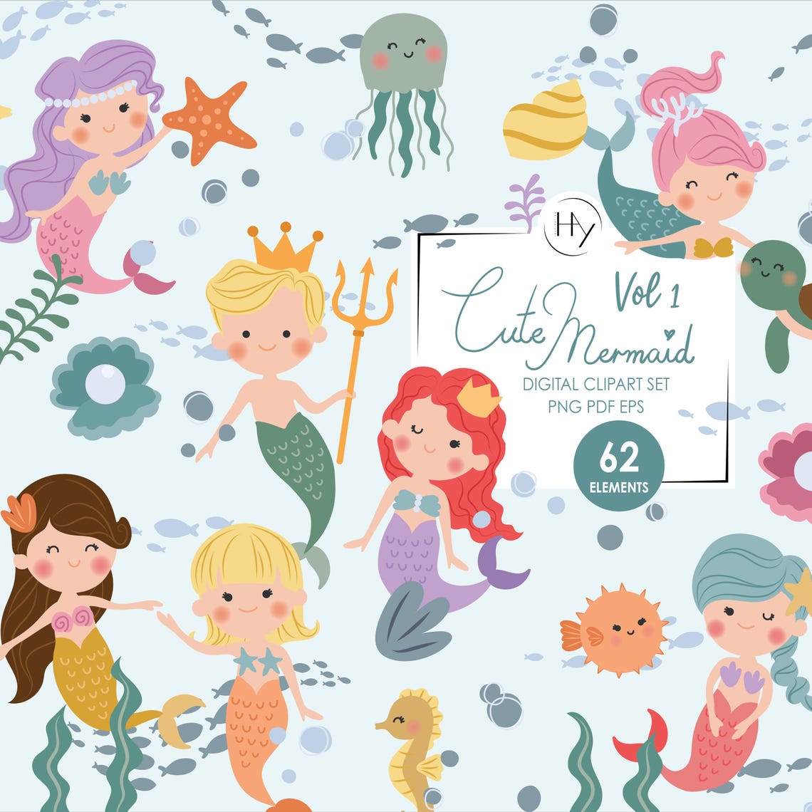 Cute Mermaid Vol.1 Clipart/ Vector Collection - Mermaid Character, Ocean Animals, Under the Sea ...