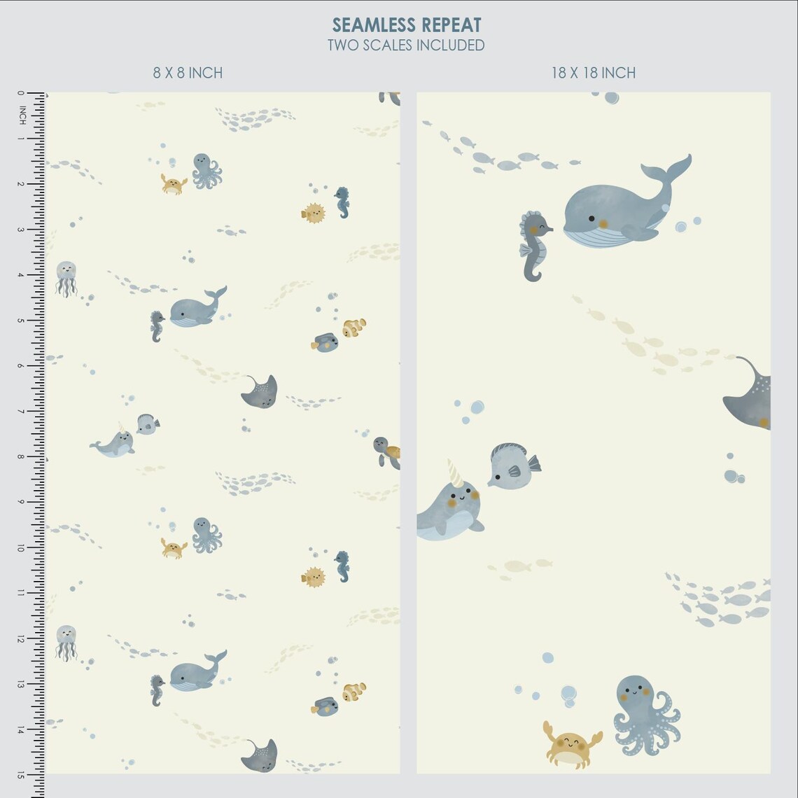 Ocean Animals Blue Tone Seamless Pattern - Ocean Animals, Whale, Under ...