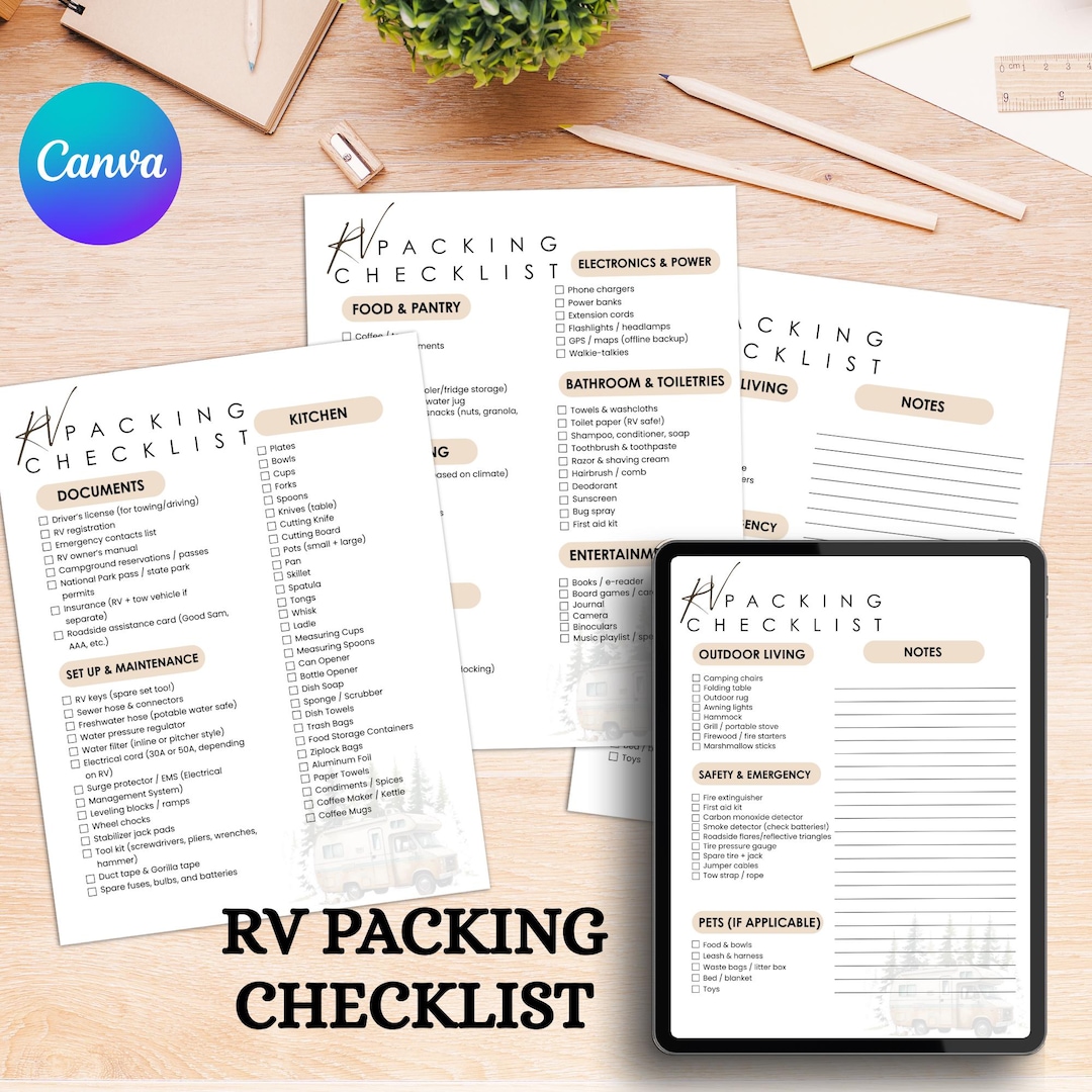 RV Packing List Printable, RV Essentials Checklist, Camper Packing List ...
