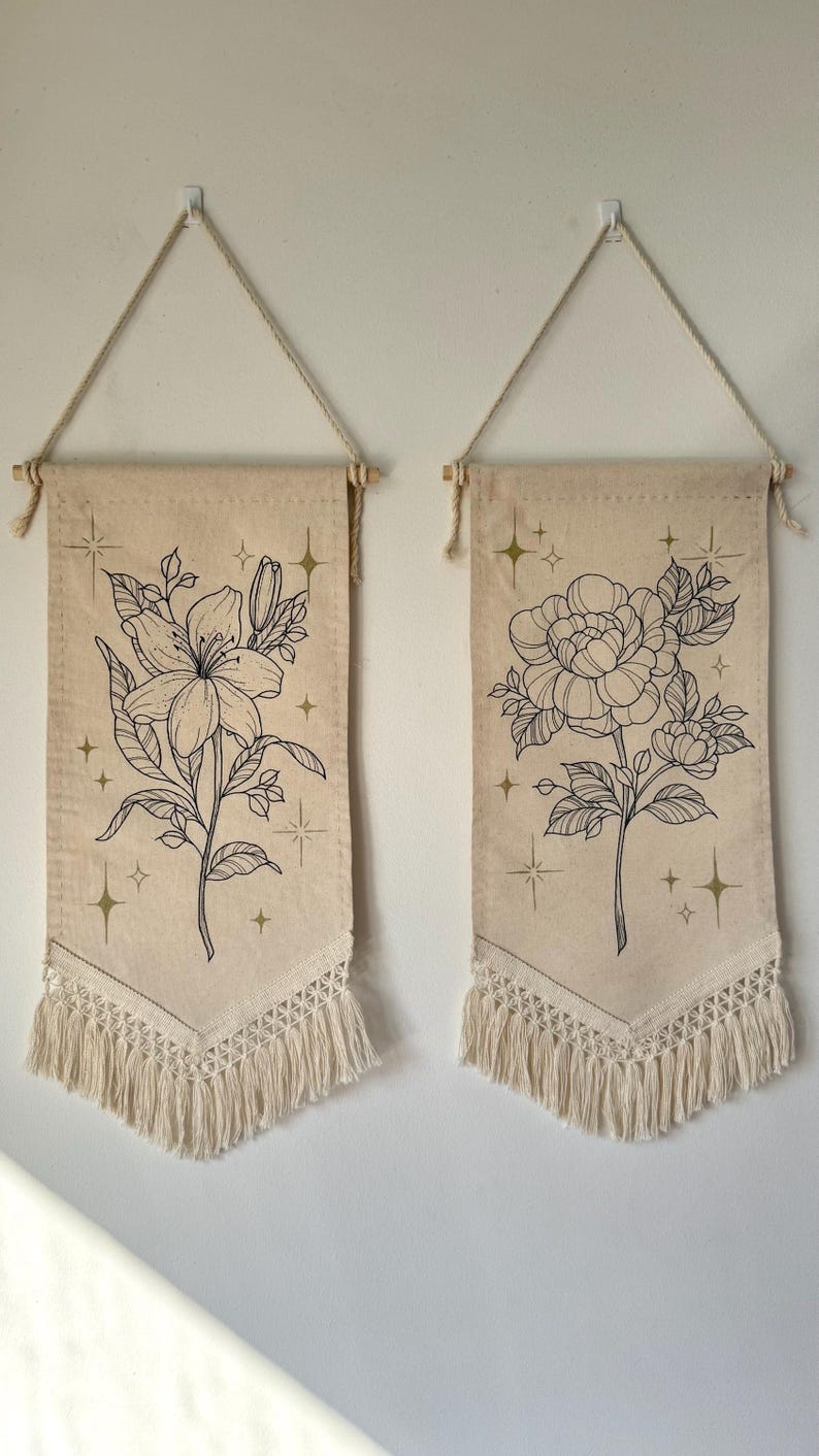 Hand Drawn Lily Macrame/canvas Wall Hanging - Etsy