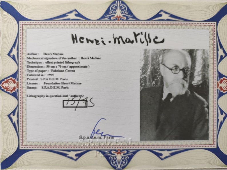 Henri Matisse Signed - Yellow Odalisque - Certificate SPADEM Paris - Etsy