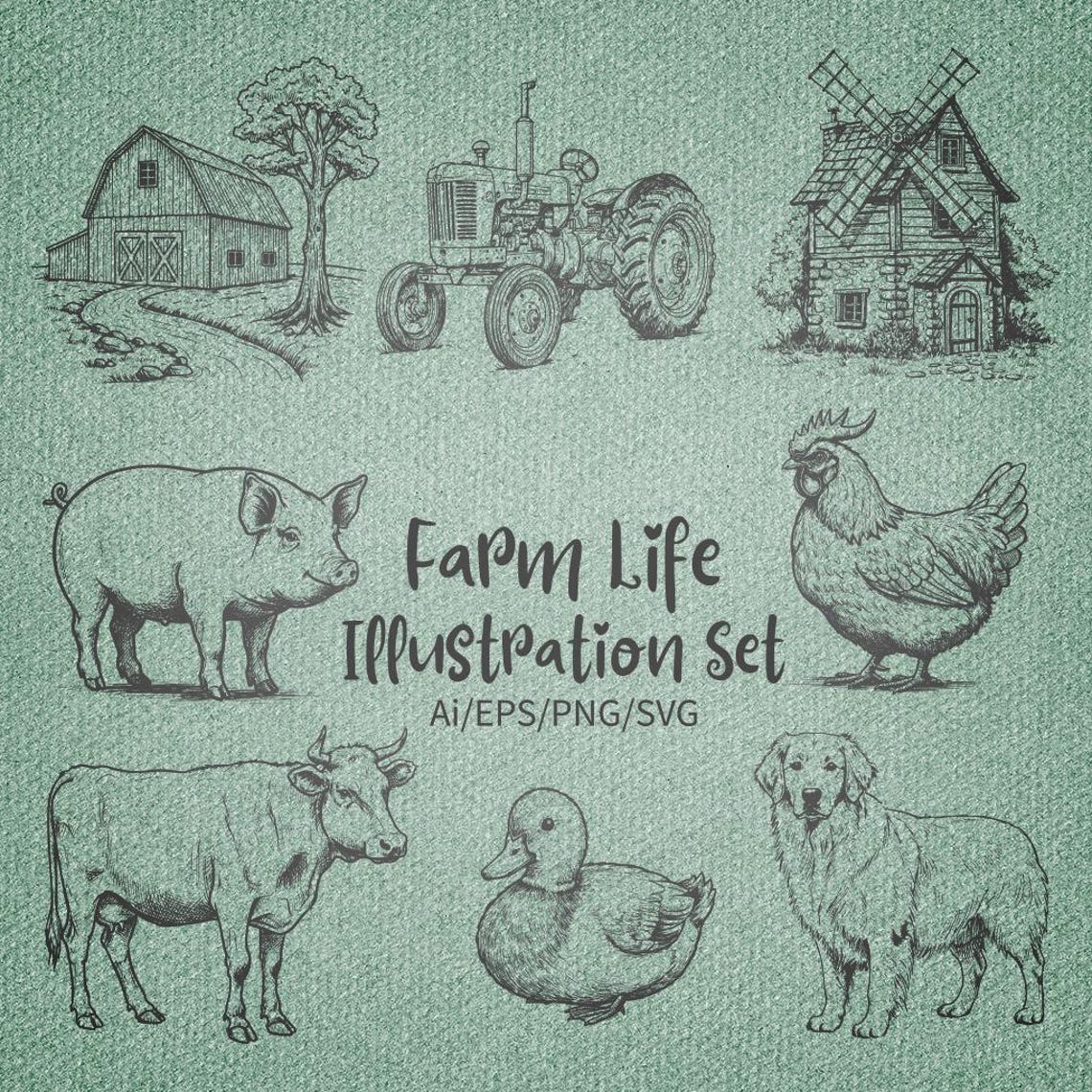 Farm Illustration Set-rustic Farmhouse Clipart Png-farming Gardening ...