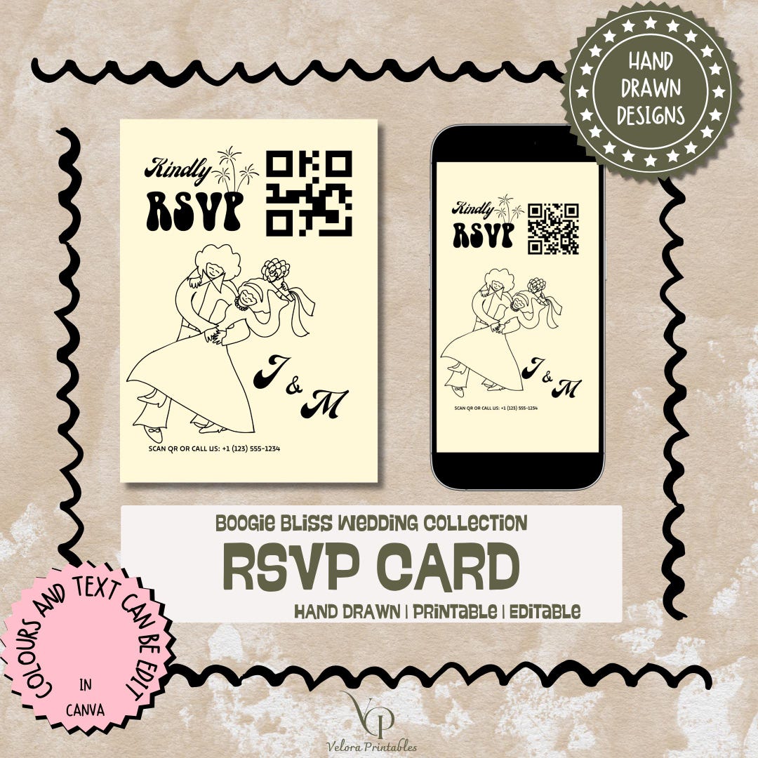 Retro RSVP Card, Hand Drawn Wedding RSVP Card, Vintage Editable Hand ...
