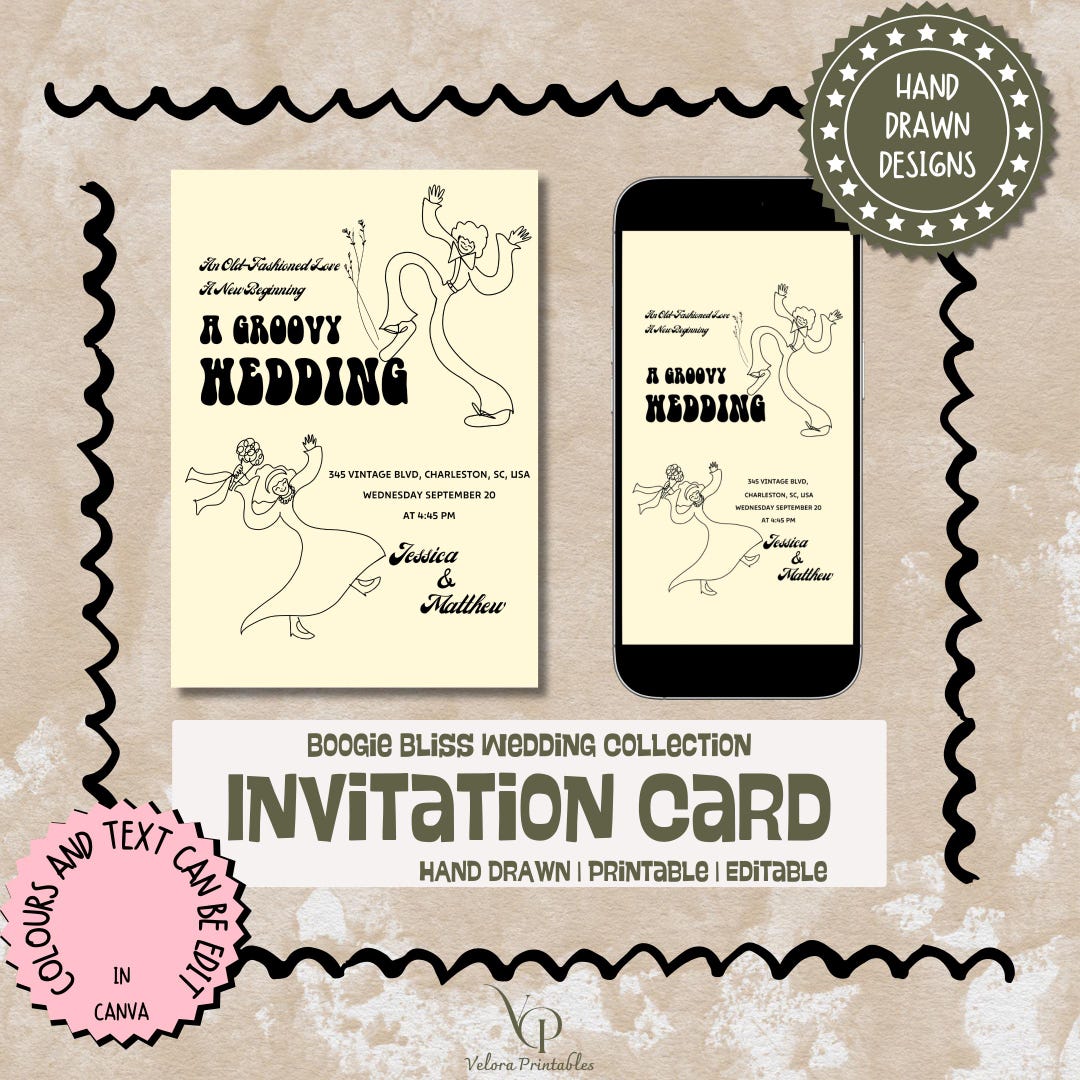 Retro Hand Drawn Wedding Invitation Card, Vintage Editable Hand Drawn ...