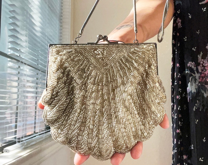 Vintage SILVER Beaded Clam Shell Clutch Purse - Art Deco - Etsy
