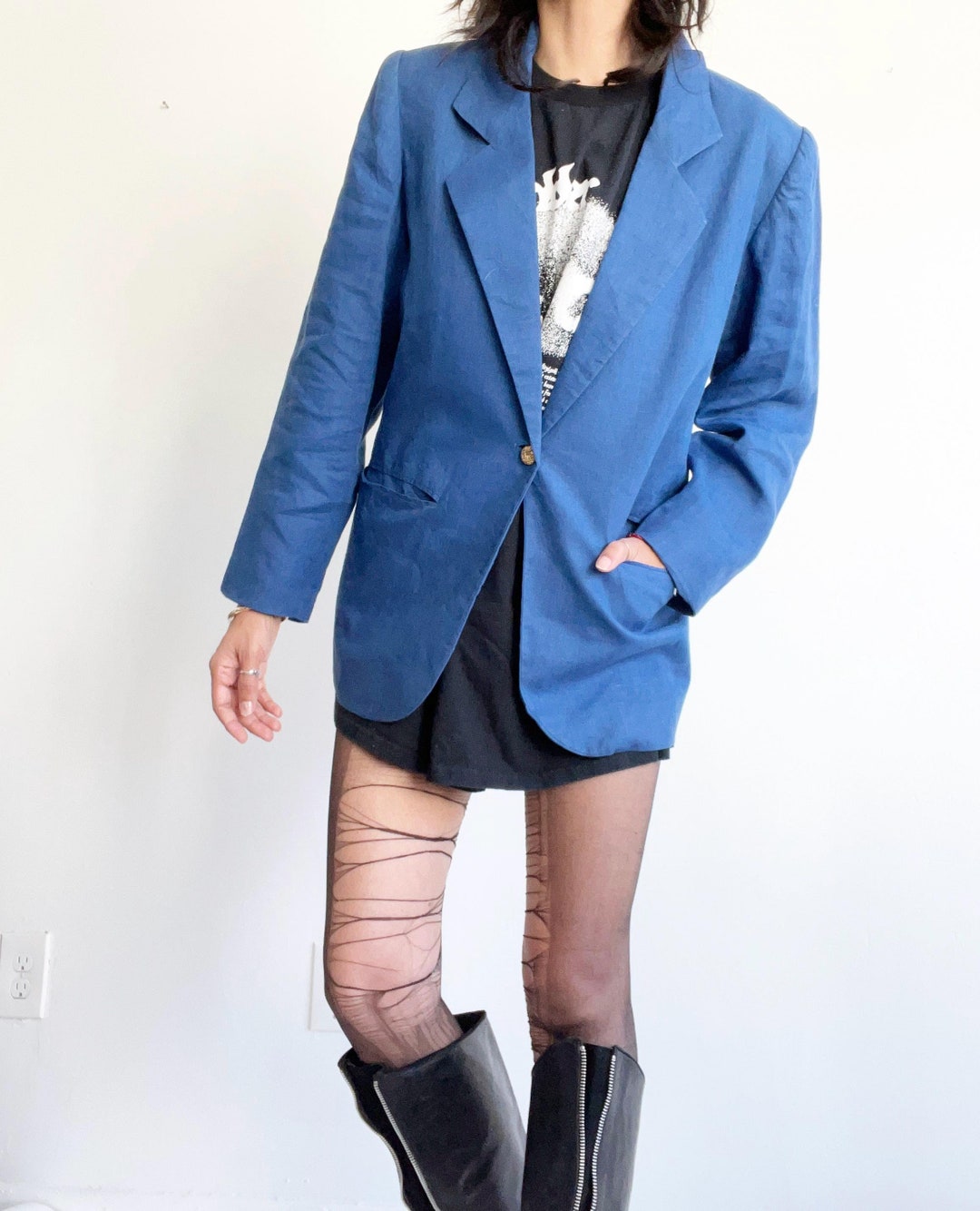 Vintage Cosmic Blue UNGARO Linen Light Blazer Jacket With Pockets Size ...