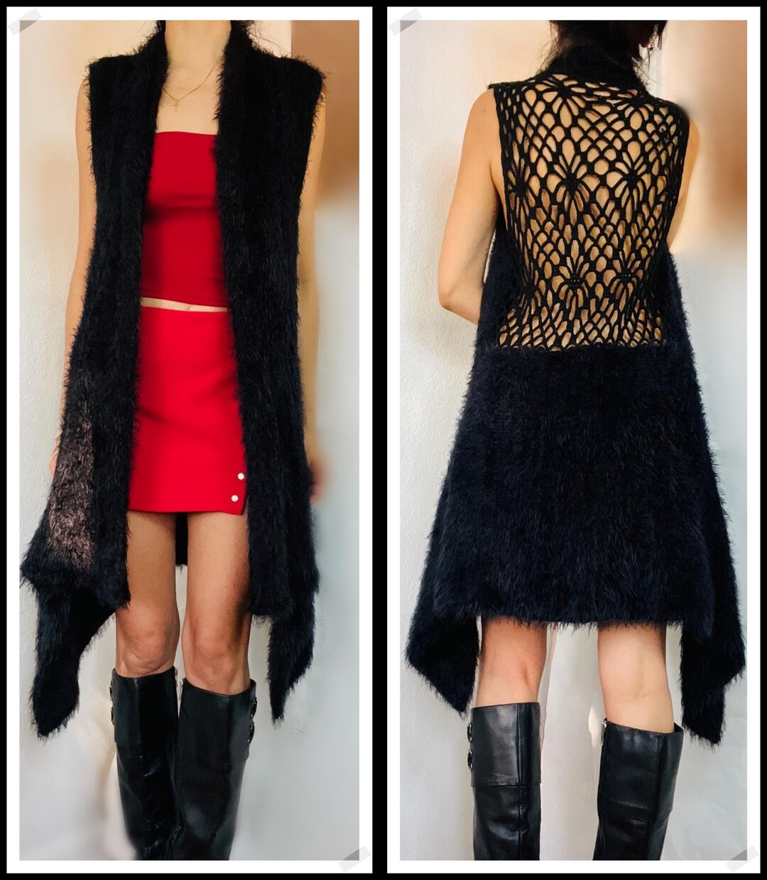 Y2K Black Furry Vest - Crochet Back, Festival Rave Cardigan - With ...