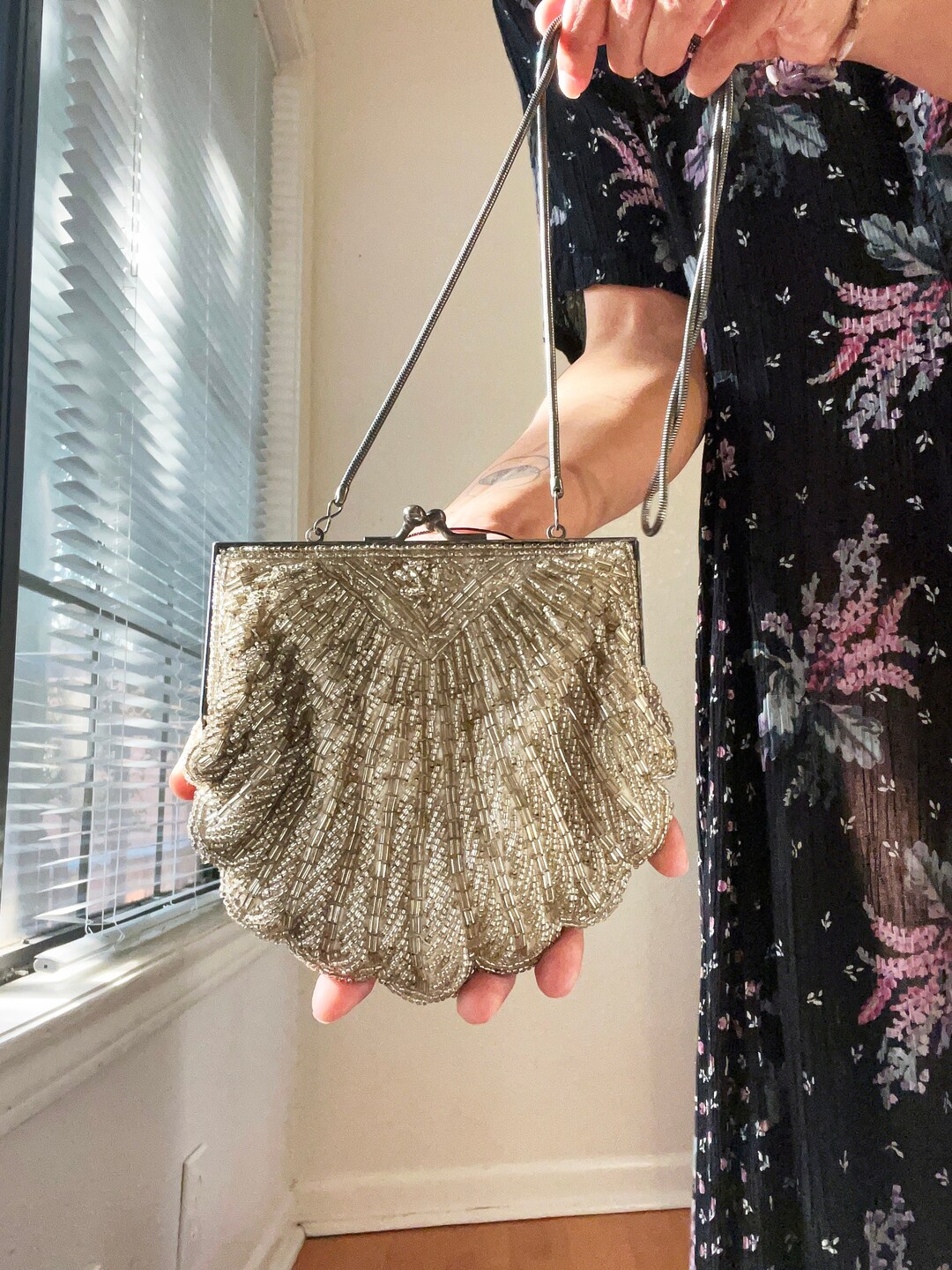 Vintage SILVER Beaded Clam Shell Clutch Purse Art Deco - Etsy