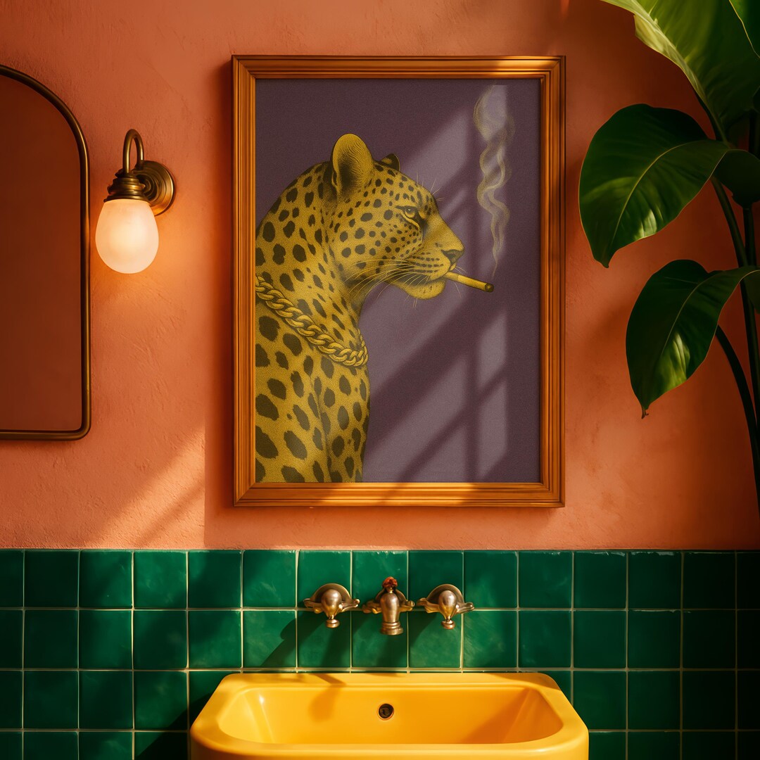 Purple Leopard Smoking Print - Maximalist Wall Art - Retro Animal ...