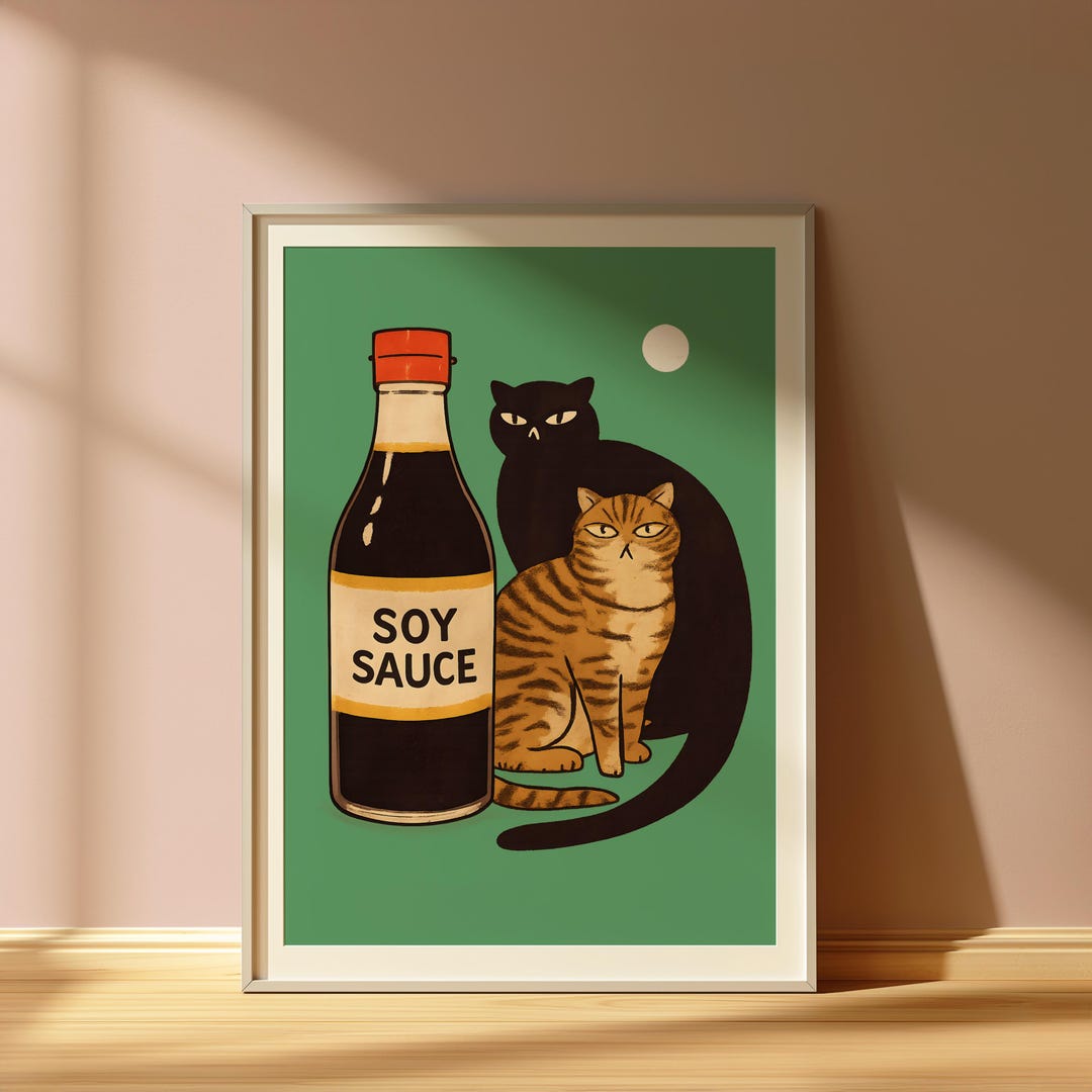 Green Soy Sauce and Cats Print - Funny Animal Wall Art - Japan Kitchen ...