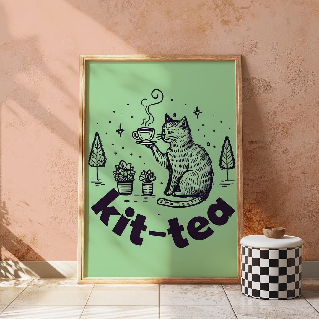 Green Kit-tea Poster - Funky Wall Art - Tea Pot Print - Cat Tea ...