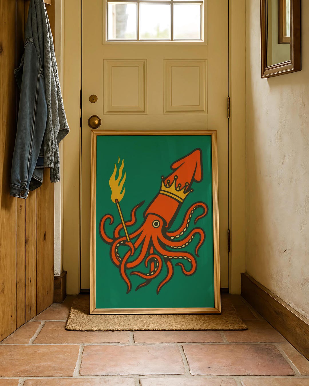 King Squid Print - Funny Animal Wall Art - Red Squid Poster - Sea ...