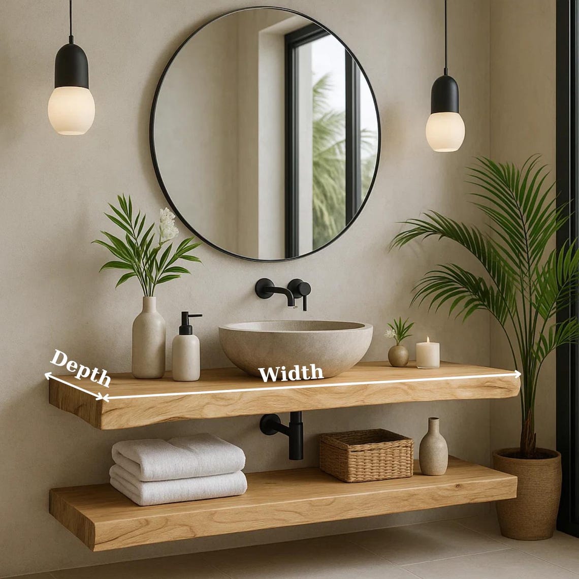 Live Edge Solid Wood Floating Vanity: Rustic Minimalist Bathroom Shelf ...