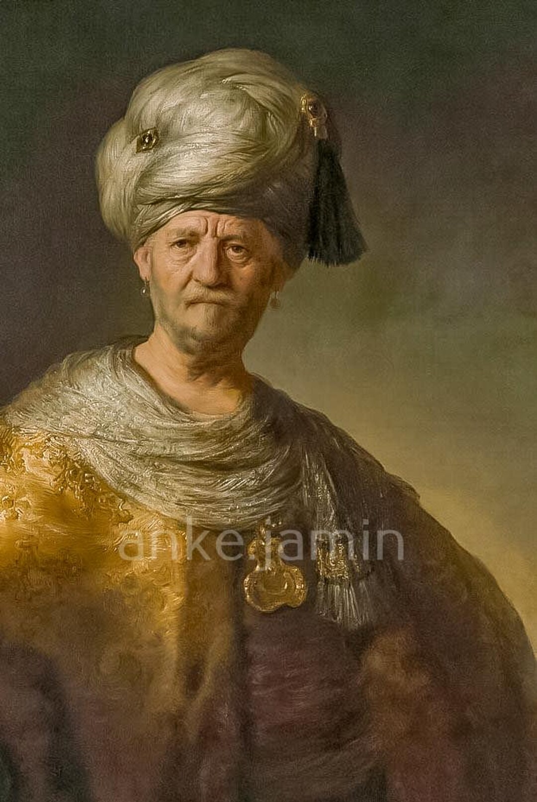 Gold-accented Turban & Rich Fabrics, Classic Rembrandt Style Painting ...