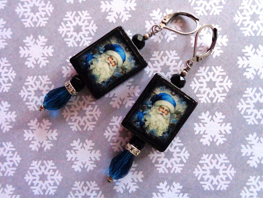Teal Blue, Black and White Santa Claus Christmas Earrings (11226) - Etsy