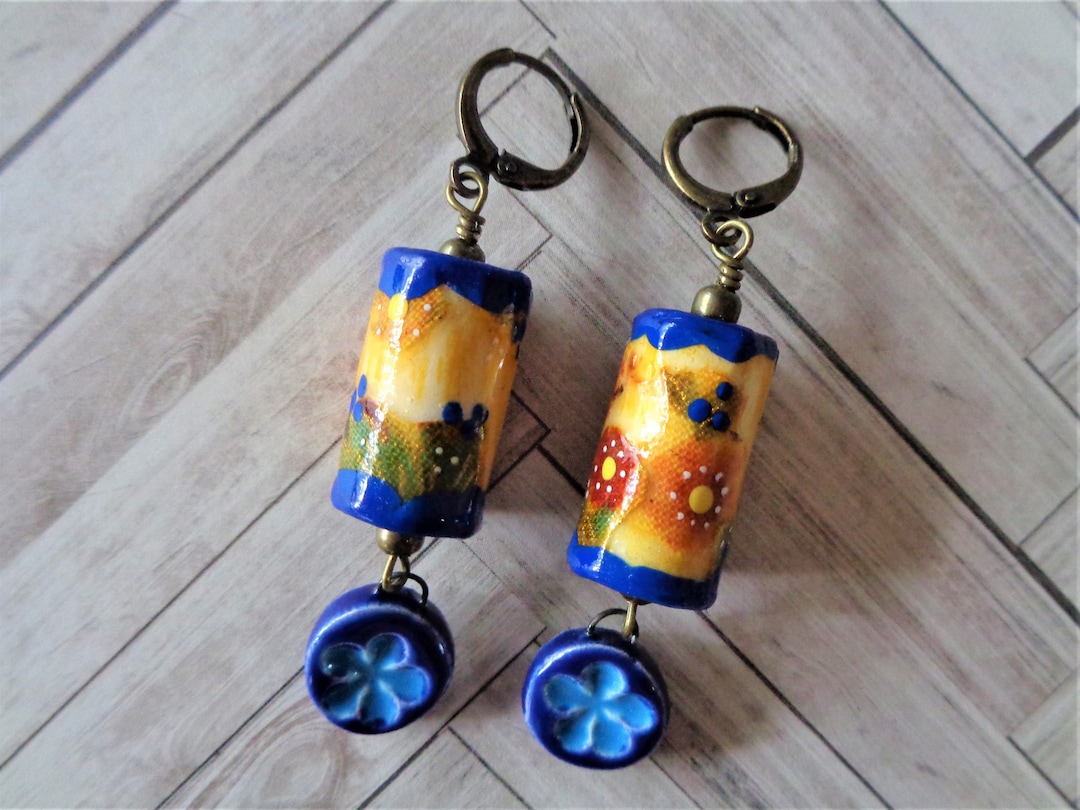 Royal Blue, Yellow, Rust and Orange Rustic Boho Floral Earrings 7279 - Etsy