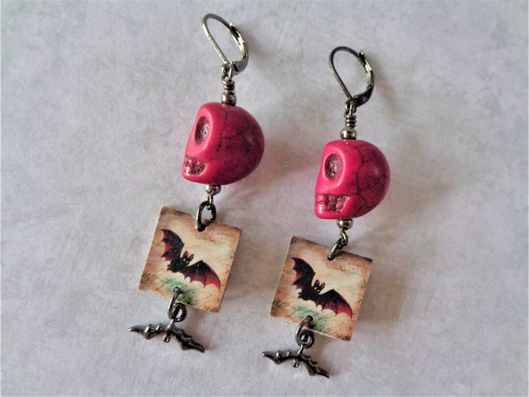 Maroon Skull and Black Bat Gothic Halloween Earrings 7117 - Etsy