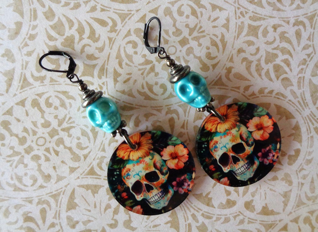 Teal Blue and Peach Floral Skull Earrings 8902 - Etsy