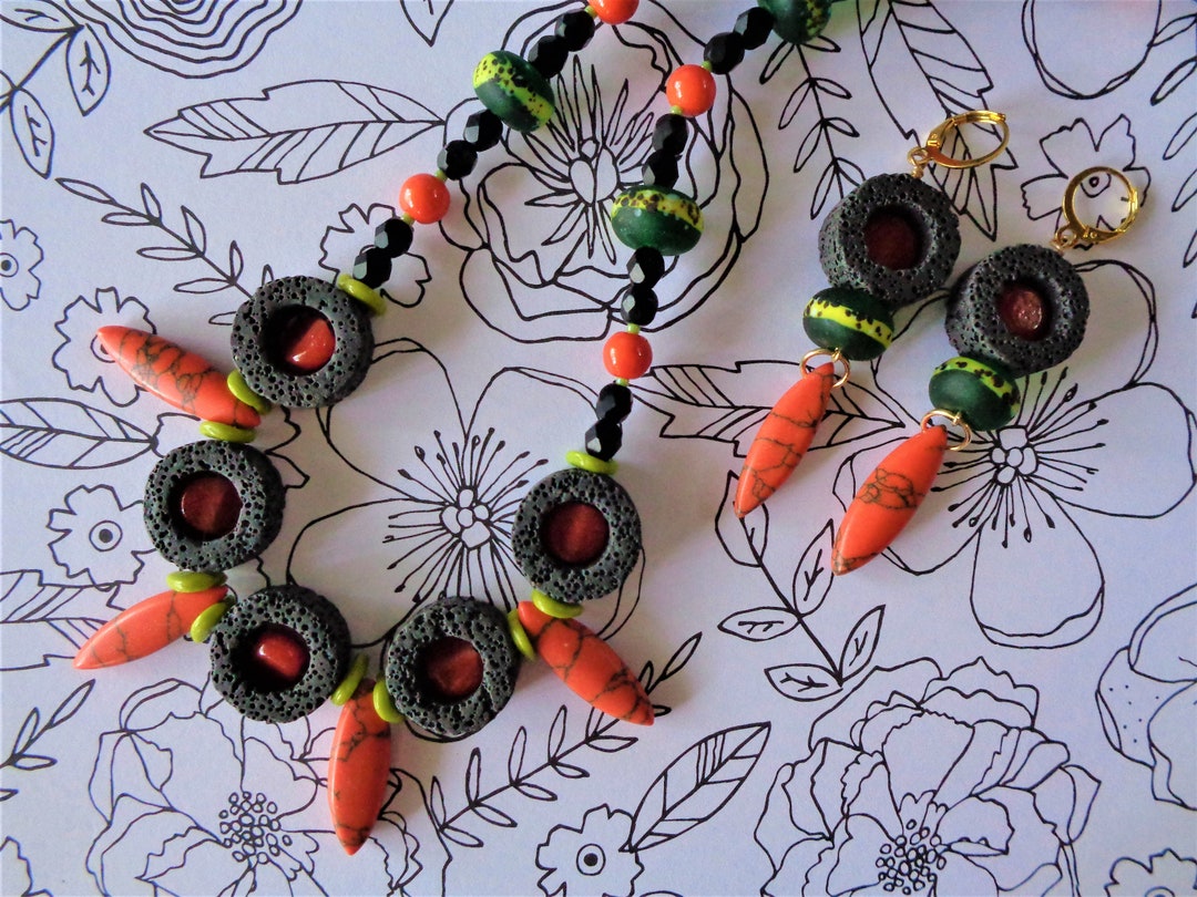 Tropical Orange, Green and Black Necklace and Earrings (8283) - Etsy