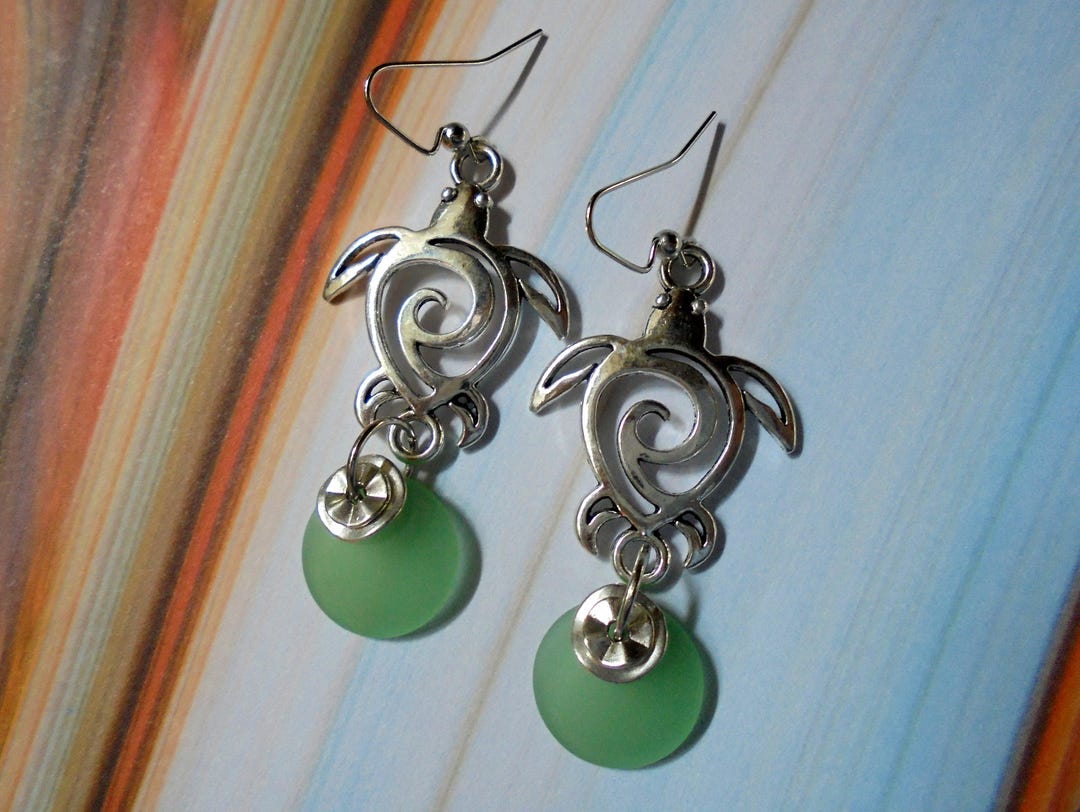 Seafoam Green and Silver Sea Turtle Earrings (3832) - Etsy