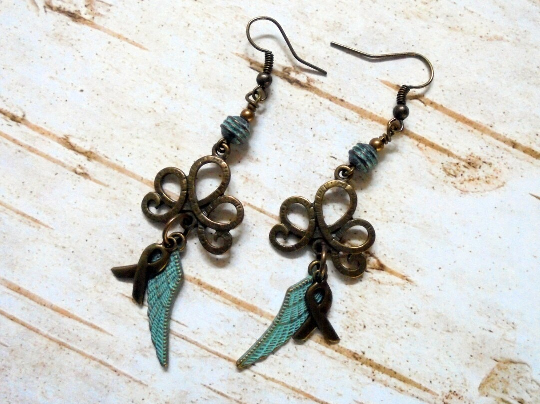 Brass Wing and Ribbon Cancer Awareness Earrings (3043) - Etsy